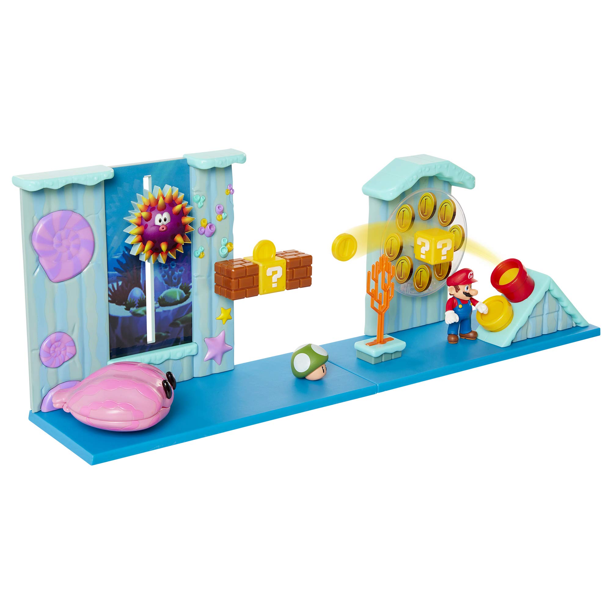 Nintendo Super Mario Deluxe Underwater Playset with 5 Interactive Environmentpiece β Includes 2.5β Mario Figure, 1-Up Mushroom Accessory & Warp Pipe Coin Launcher