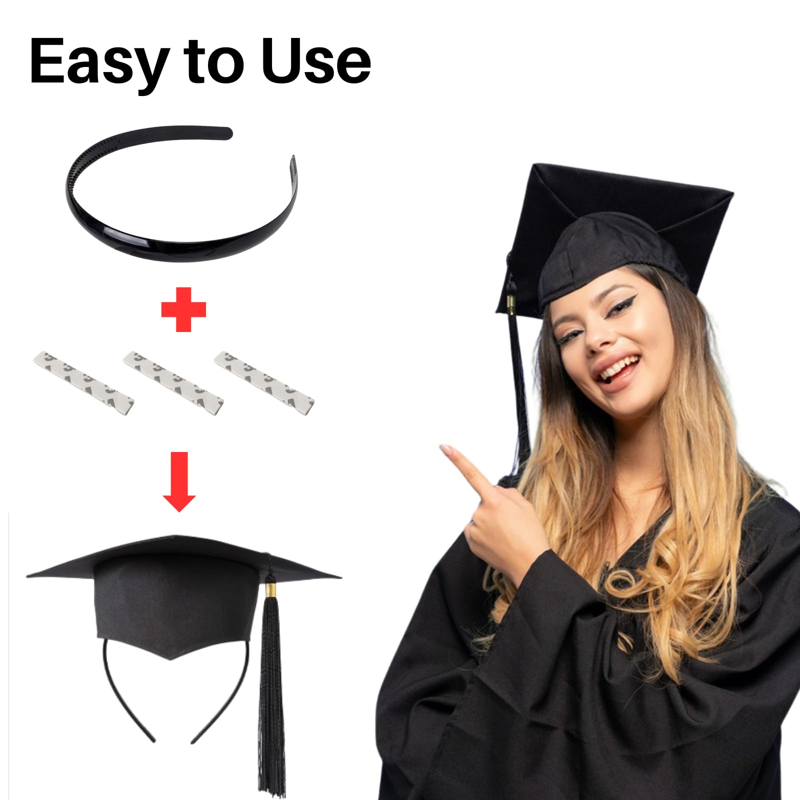 CIFOVALE Graduation Cap Headband with Adhesive Strips, Secures Your Graduation Cap Don't Change Hair, Secure Hairstyle, Black