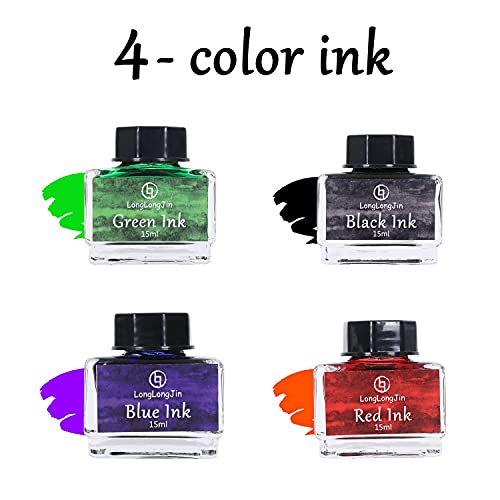 LongLongJin Calligraphy Set for Beginners-calligraphy Fountain Pen,2 Wooden Dip Pen, 12 Replaceable Stainless Steel Tips, 4 Bottles of of Ink,1pen Holder