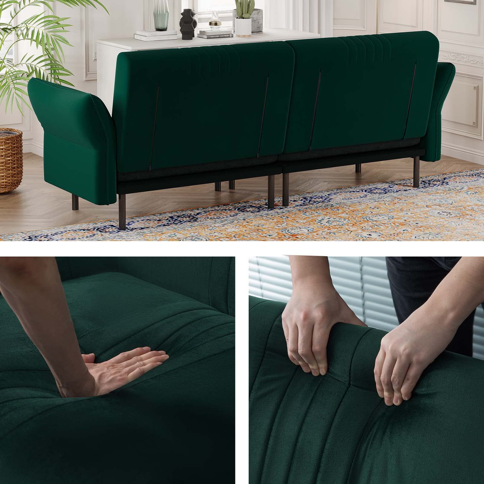 Belffin Velvet Futon Sofa Bed Convertible Futon Couch Split Back Upholstered Modern Sleeper Sofa Emerald Green