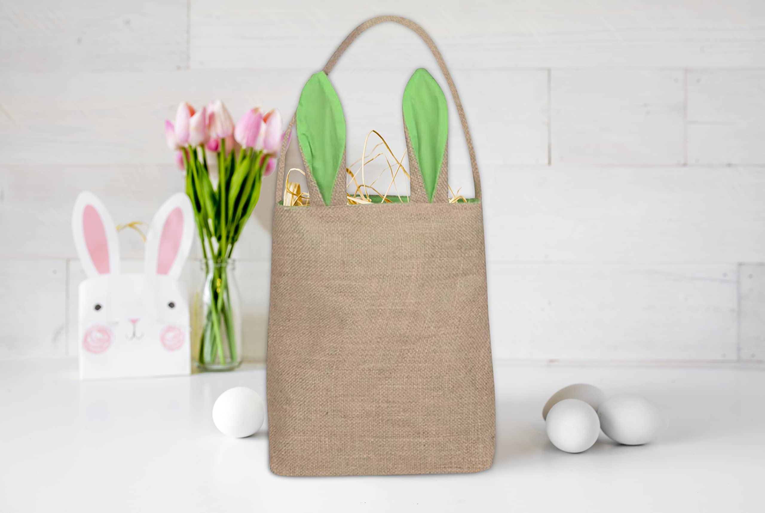 Green Easter Baskets For Kids - Easter Bags with Handles - Large Easter Baskets for Kids Empty - Easter Bunny Bag for Girls or Boys - Burlap Easter Bunny Ear Bag by Jolly Jon