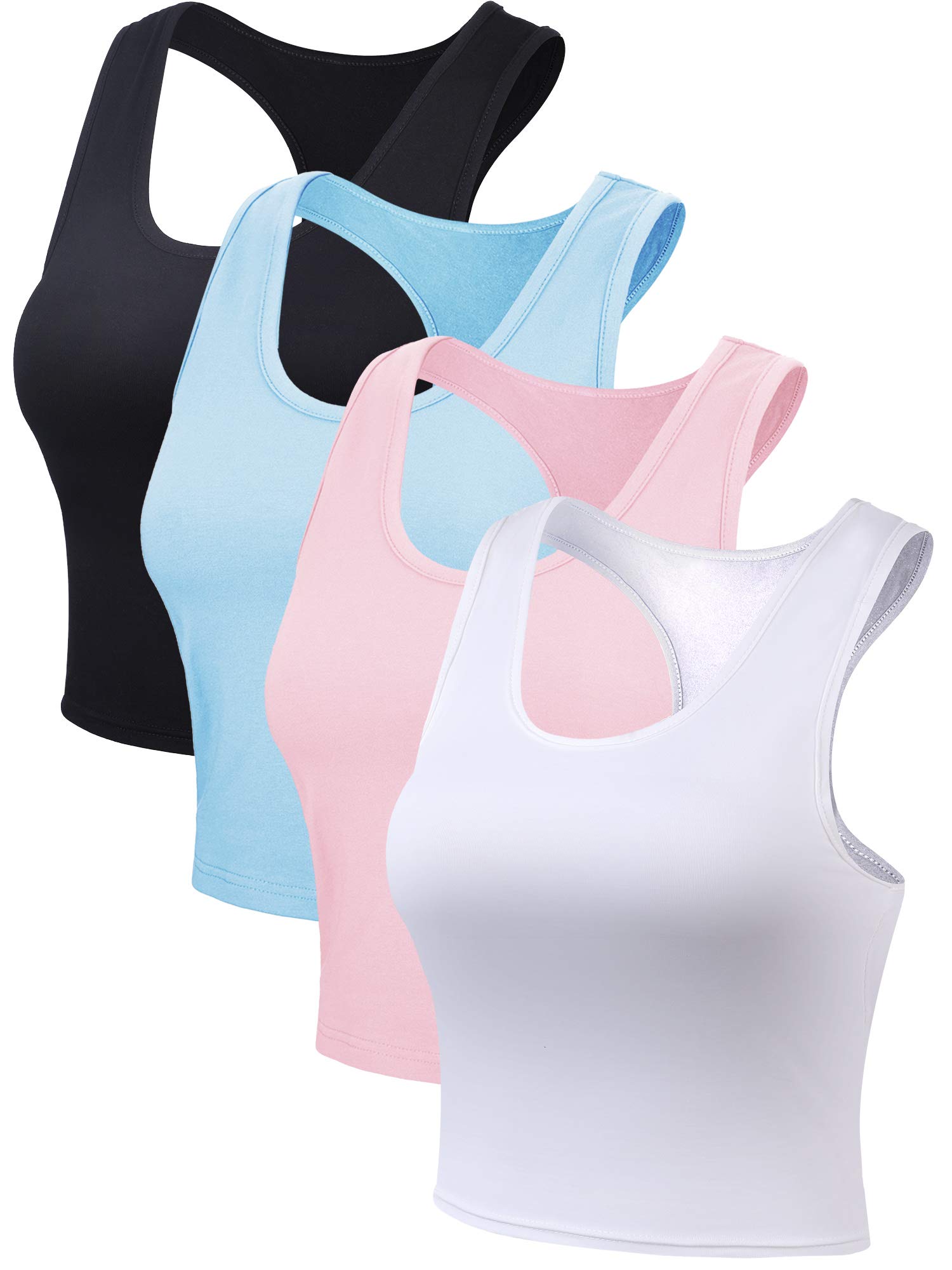 Boao 4 Pieces Basic Crop Tank Tops Sleeveless Racerback Crop Top for Women (Black, White, Blue, Pink, Large)