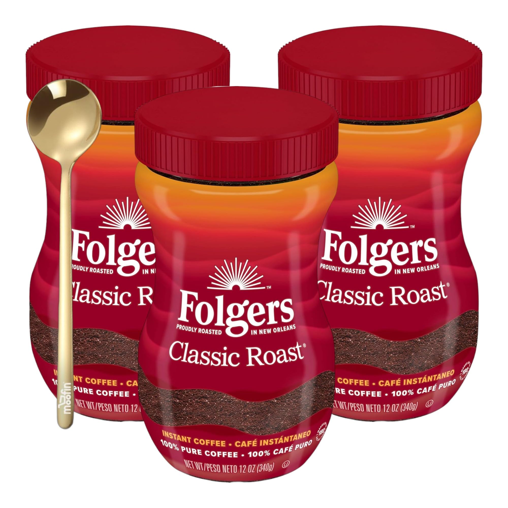 Classic Roast Instant Coffee Medium Roast, 12 oz - Includes Moofin Golden SS Spoon, Rich Aromatic Flavor, Quick Dissolve - Versatile & Convenient, Ideal for Home & Travel [Pack of 3]