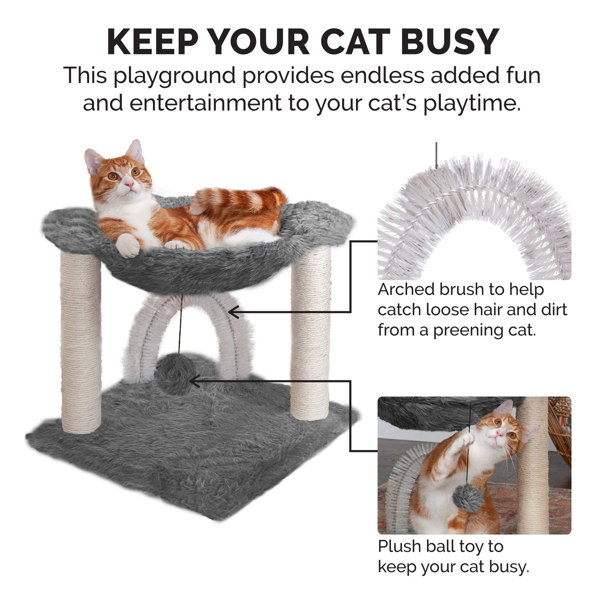 Furhaven 15.75" Tall Playground for Indoor Cats, Ft. Sisal Scratching Posts, Self-Grooming Brush, & Toy - Tiger Tough Hammock Interactive Playground - Silver, One Size