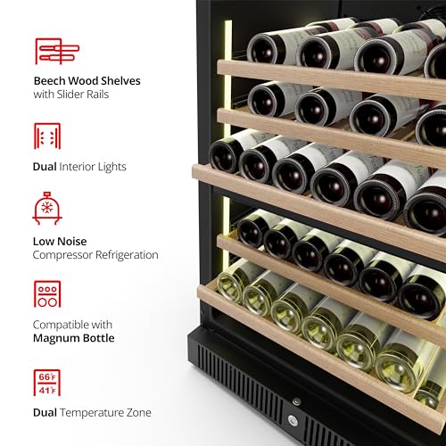 Frostronics 24 Inch Dual Zone Wine Refrigerator, 51 Bottles Under Counter Built-In or Freestanding Wine Cellar, Wine Cooler with Quiet Compressor Cooling and Reversible Glass Door, Fits Large Bottle