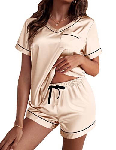 Ekouaer Silk Pjs for Women Set Comfy Two Piece Satin Pajamas Set Casual V Neck Top with Short Loungewear Champagne Small