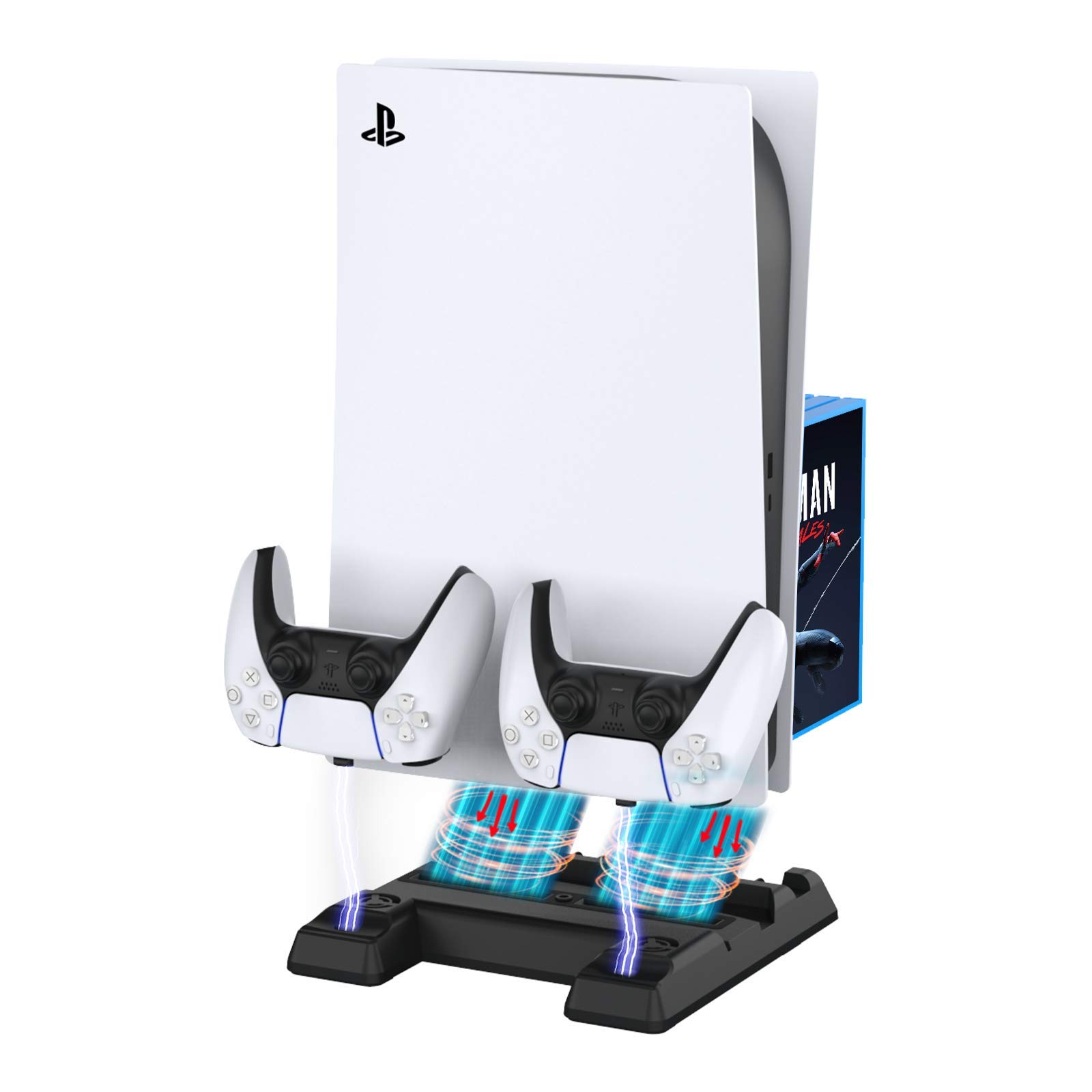 BEJOY Multifunctional Vertical Stand with Dual Cooling Fans for PS5 Console, 3-Level Rotate Fans Speed, Dual Type-C PS5 Charging Station with Gaming Headset Holder, 11 Games Boxes Storage, Black