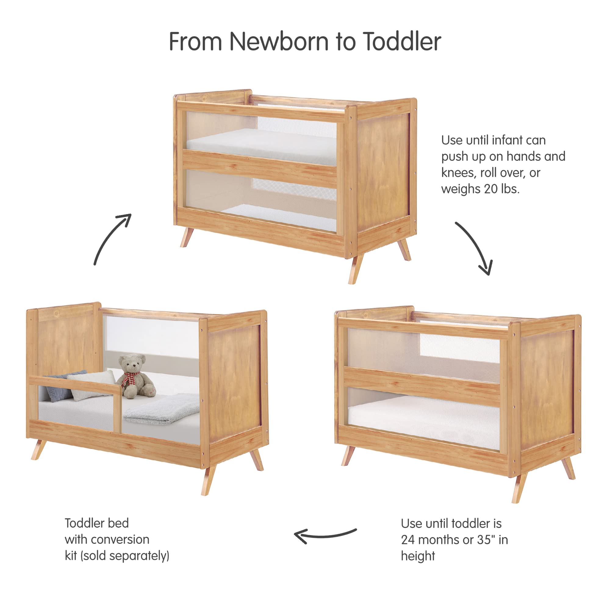 BreathableBaby Breathable Mesh 3-in-1 Convertible Crib (Toddler Bed Kit Sold Separately) β Beech β Two Adjustable Mattress Heights β Greenguard Gold Certified