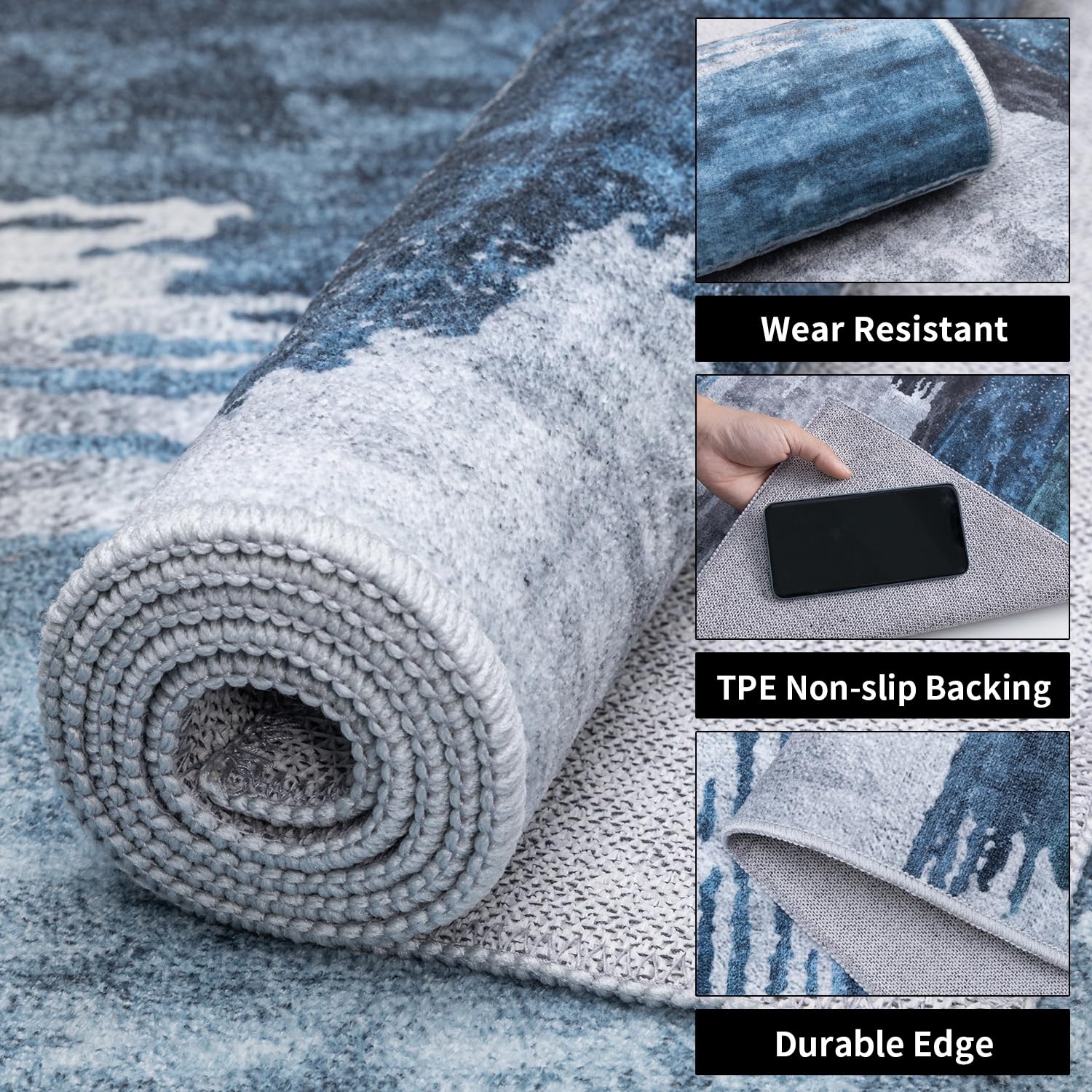 Ciicool Modern Abstract Area Rug 2x3 Washable Small Entryway Rug, Non-Slip Low Pile Throw Rug, Foldable Kitchen Bathroom Rug, Blue Grey Floor Carpet for Entrance Living Room Bedroom Indoor Doormat