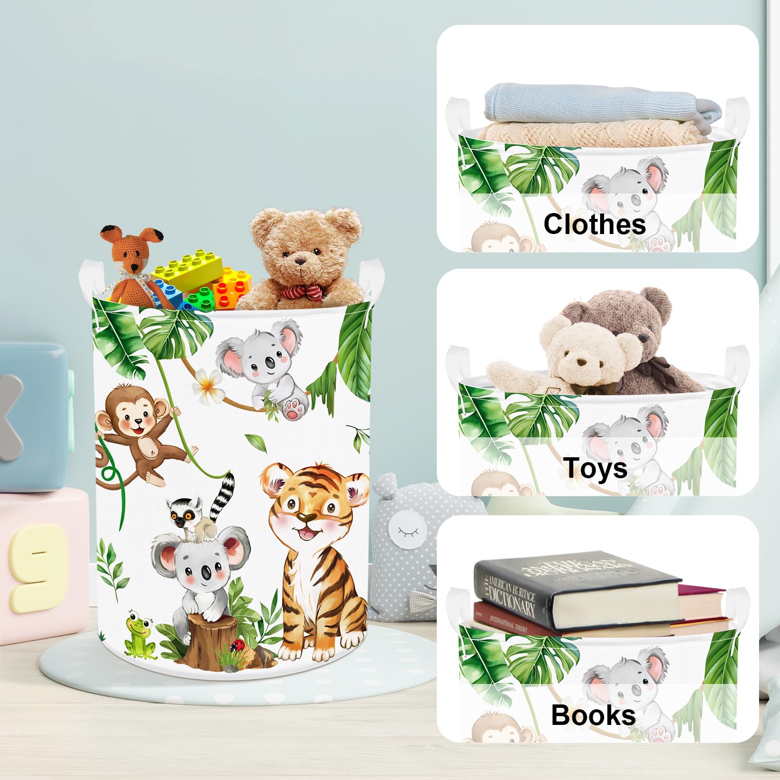 Clastyle 45L Large White Jungle Animals Elephant Kid Laundry Hamper with Handle Collapsible Lion Koala Giraffe Clothes Toy Storage Basket with Lid for Nursery