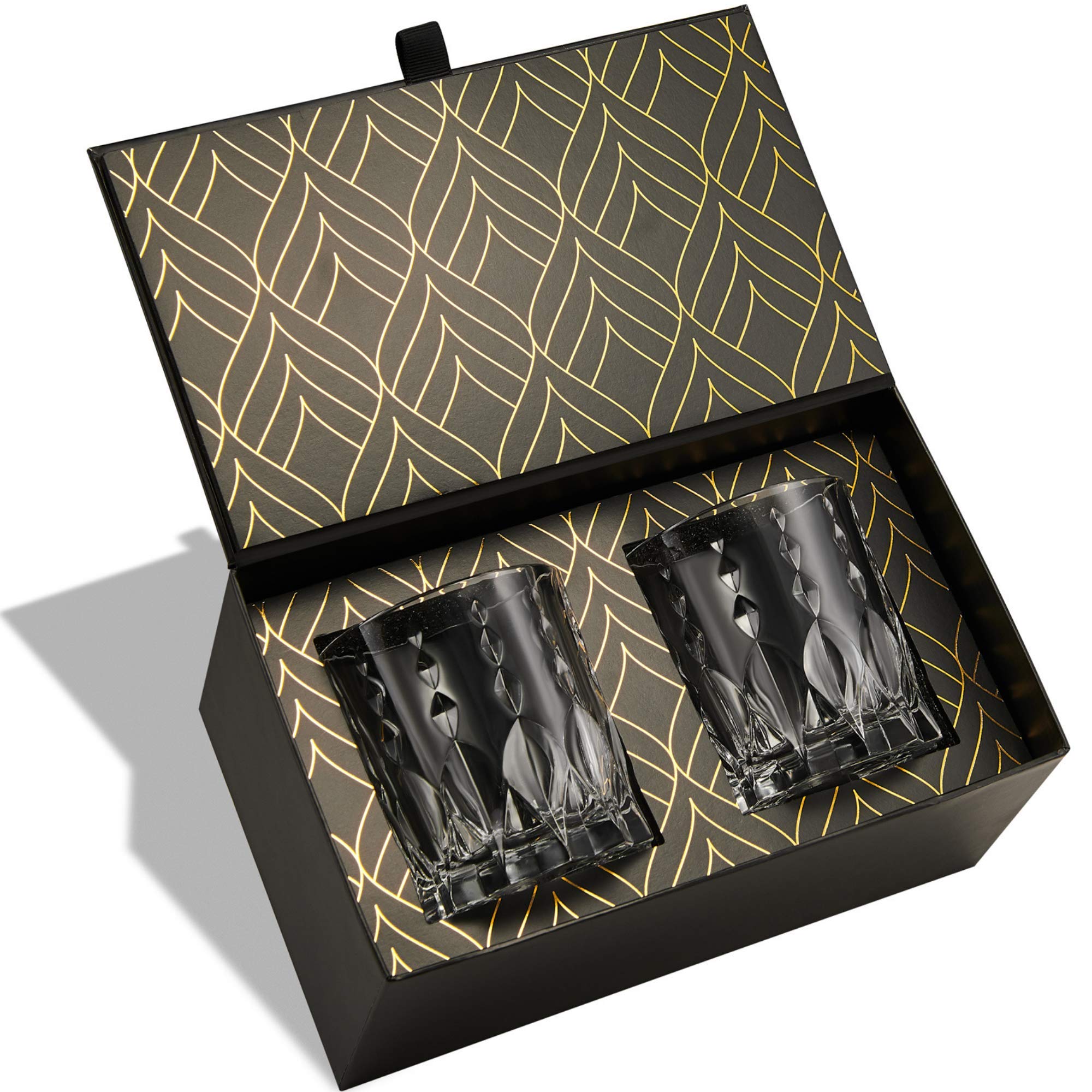 Crystal Whiskey Glasses - Eco-Friendly European Crafted Set of 2 Monarch Glass Tumblers (11.5oz) for Scotch, Bourbon, Old Fashioned Cocktails & Drinks - Elegant Gold Foil Gift Box