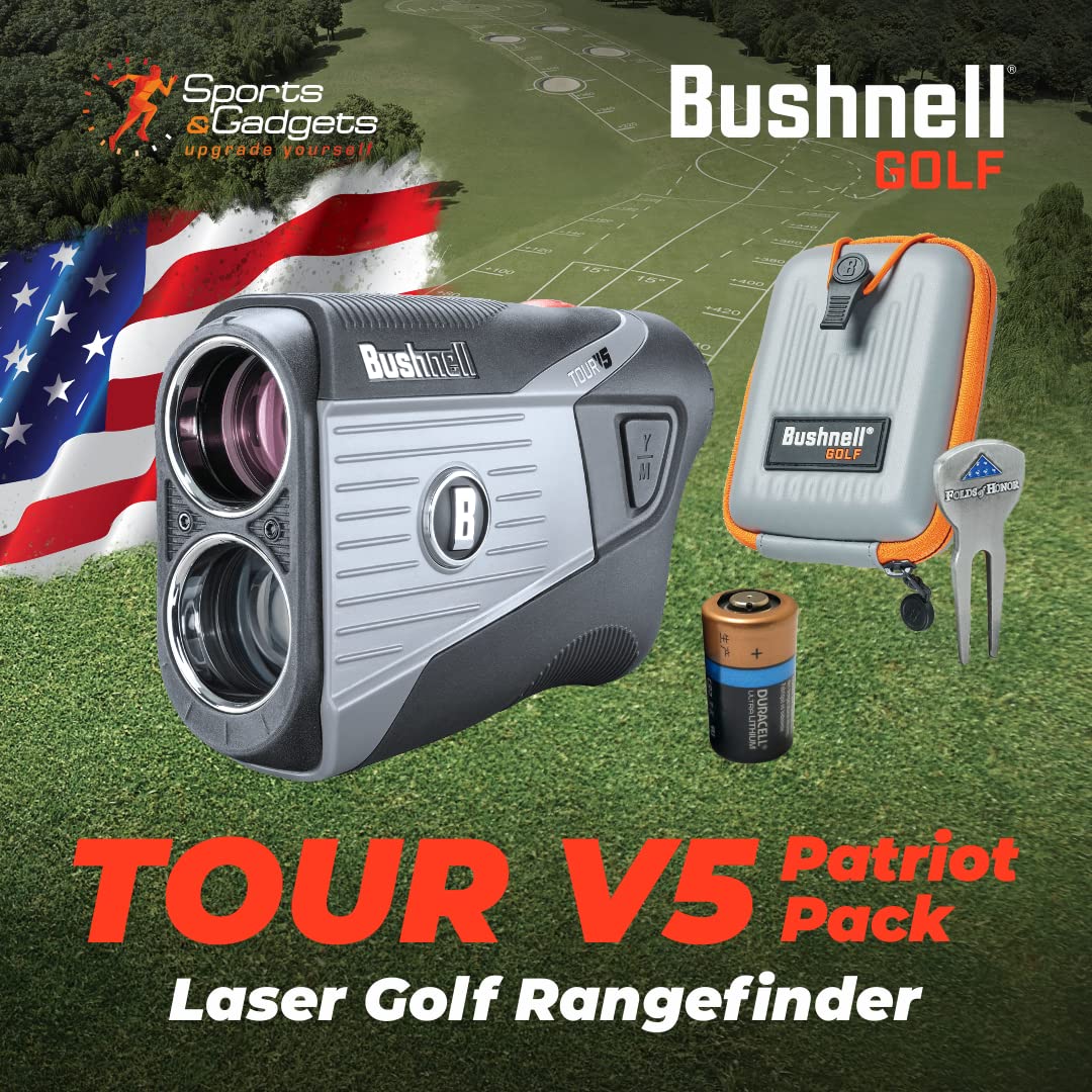 Bushnell Tour V5 Red/White/Blue Special Edition Golf Rangefinder Wearable4U Golf Tools, Cleaning Cloth, CR2 Battery Bundle