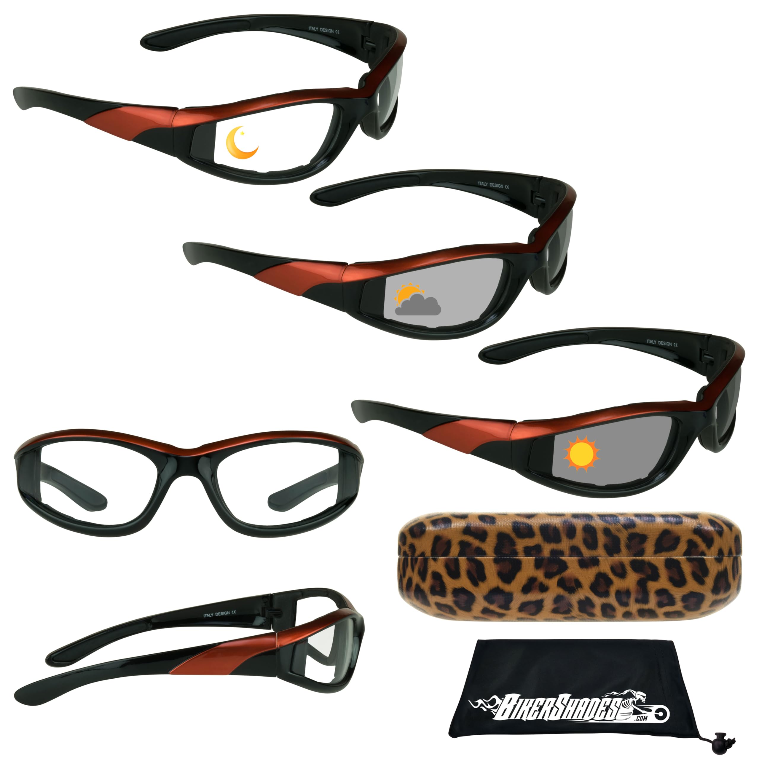 Bikershades Motorcycle Safety Transitional Photochromic Day Night Sunglass Women Black Orange Frame