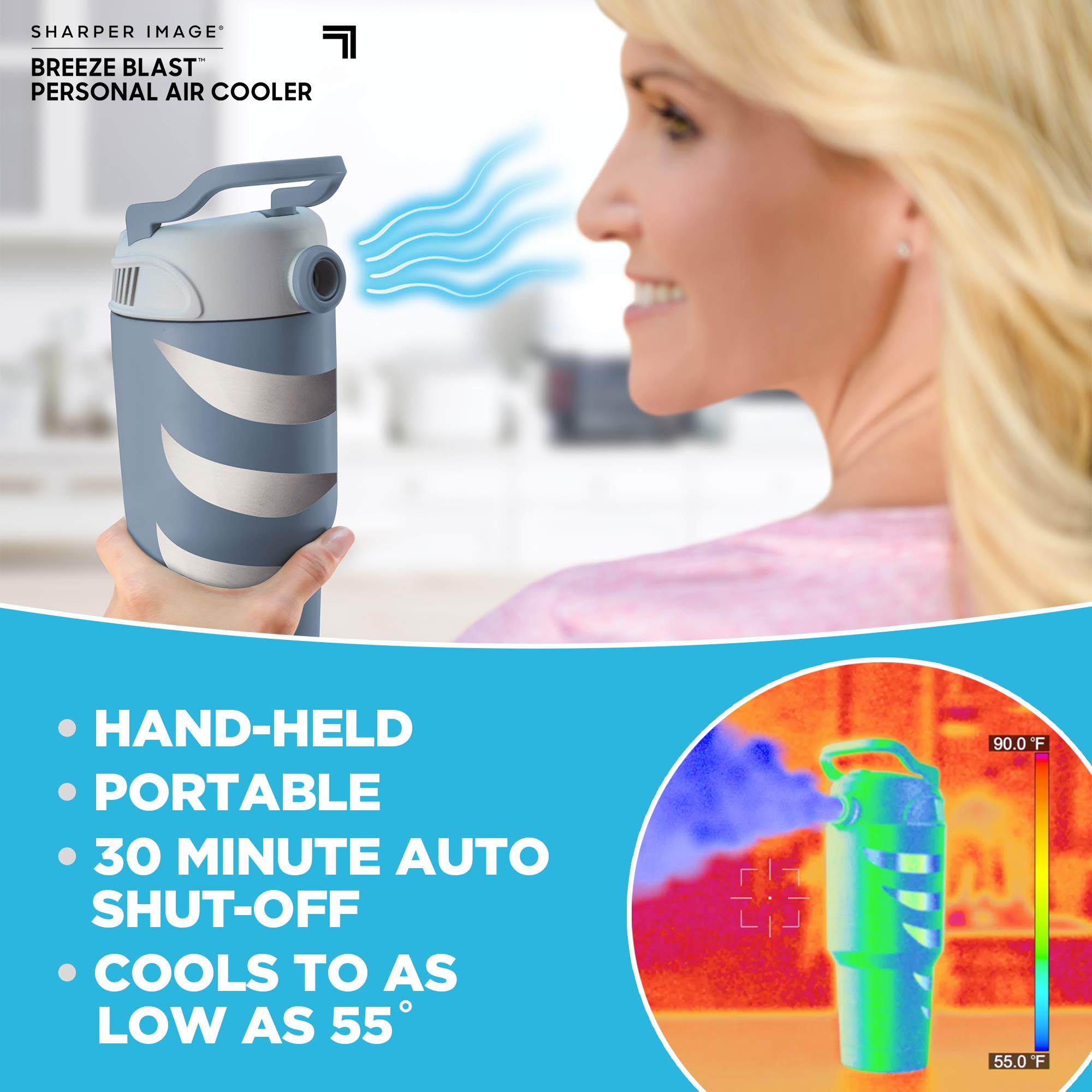 Breeze Blast by Sharper Image Personal Air Cooler, Portable, Rechargeable, Use Indoor/Outdoor, Includes- Unit, 3 Blast Pack Ice Packs- Grey