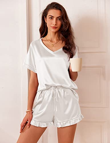 Ekouaer Women Silk Satin Pajama Set V Neck Pj Set Short Sleeve Lounge Set Satin Pajamas Set White Small