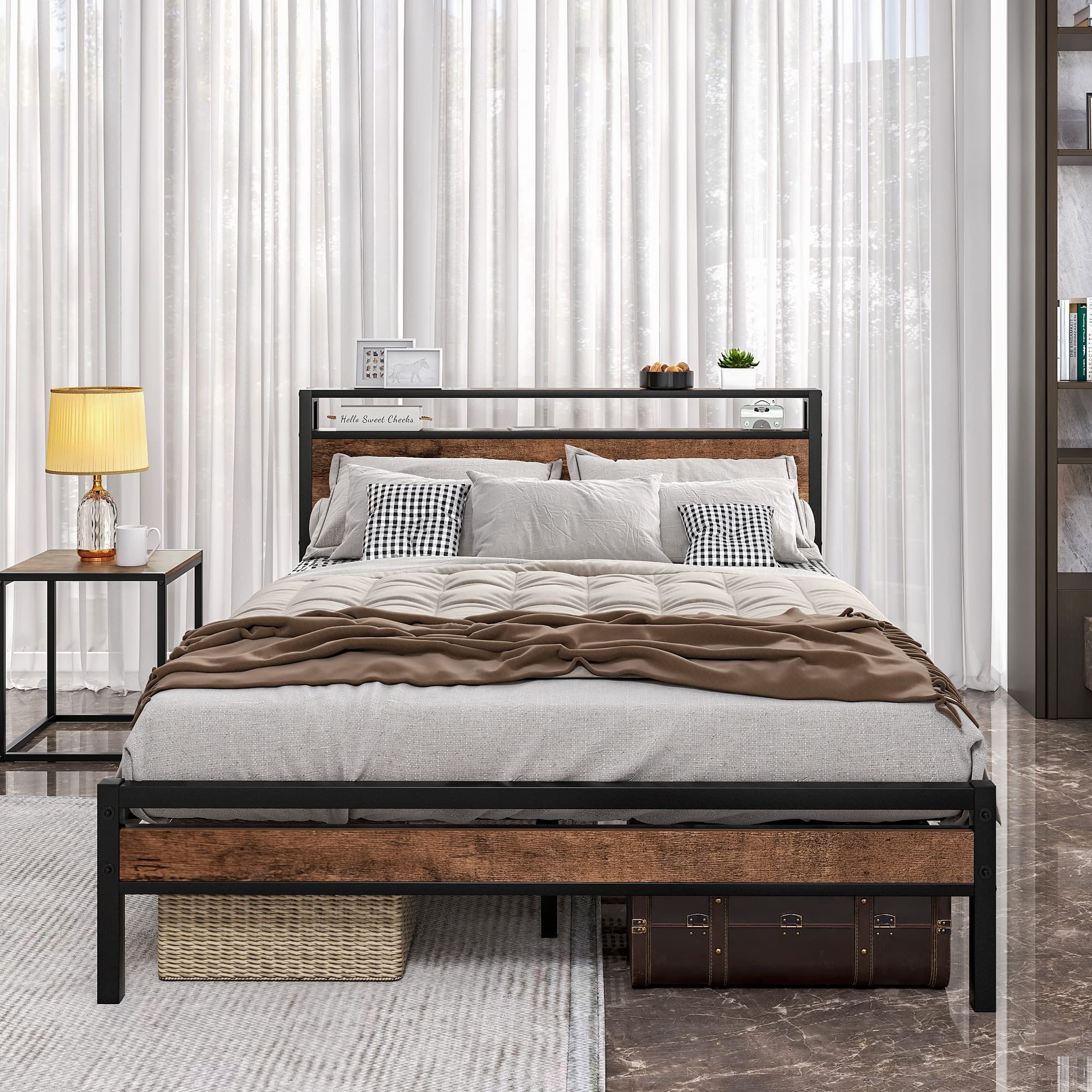 BOFENG Queen Bed Frame with 2-Tier Wood Storage Headboard,Metal Platform Bed Frame Queen Size Under Bed Storage No Box Spring Needed,Strong Support Legs,Noise Free