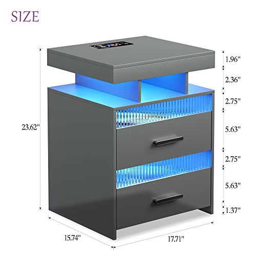 Dystler Nightstand with Charging Station and LED Lights All In One Night Stand with Drawers Bedside Table with USB Port & Outlets and Human Sensor Design Modern End Table for Bedroom Livingroom Office