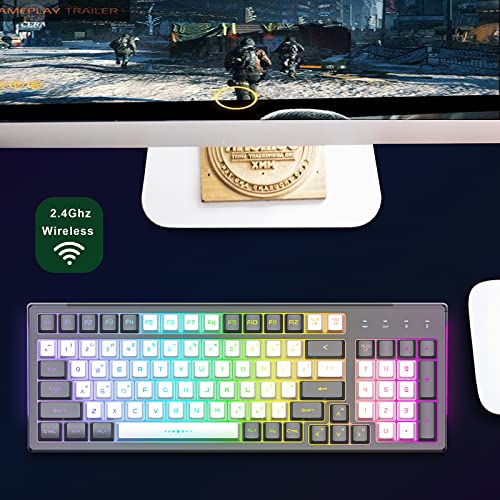 KOLMAX GK98 Wireless Gaming Keyboard,2.4G Rechargeable RGB Gaming Keyboard,RGB Backlit Ergonomic 98 Keys Mechanical Feeling Keyboard for Windows Mac PC Xbox PS4 Gamers(GreyWhite)