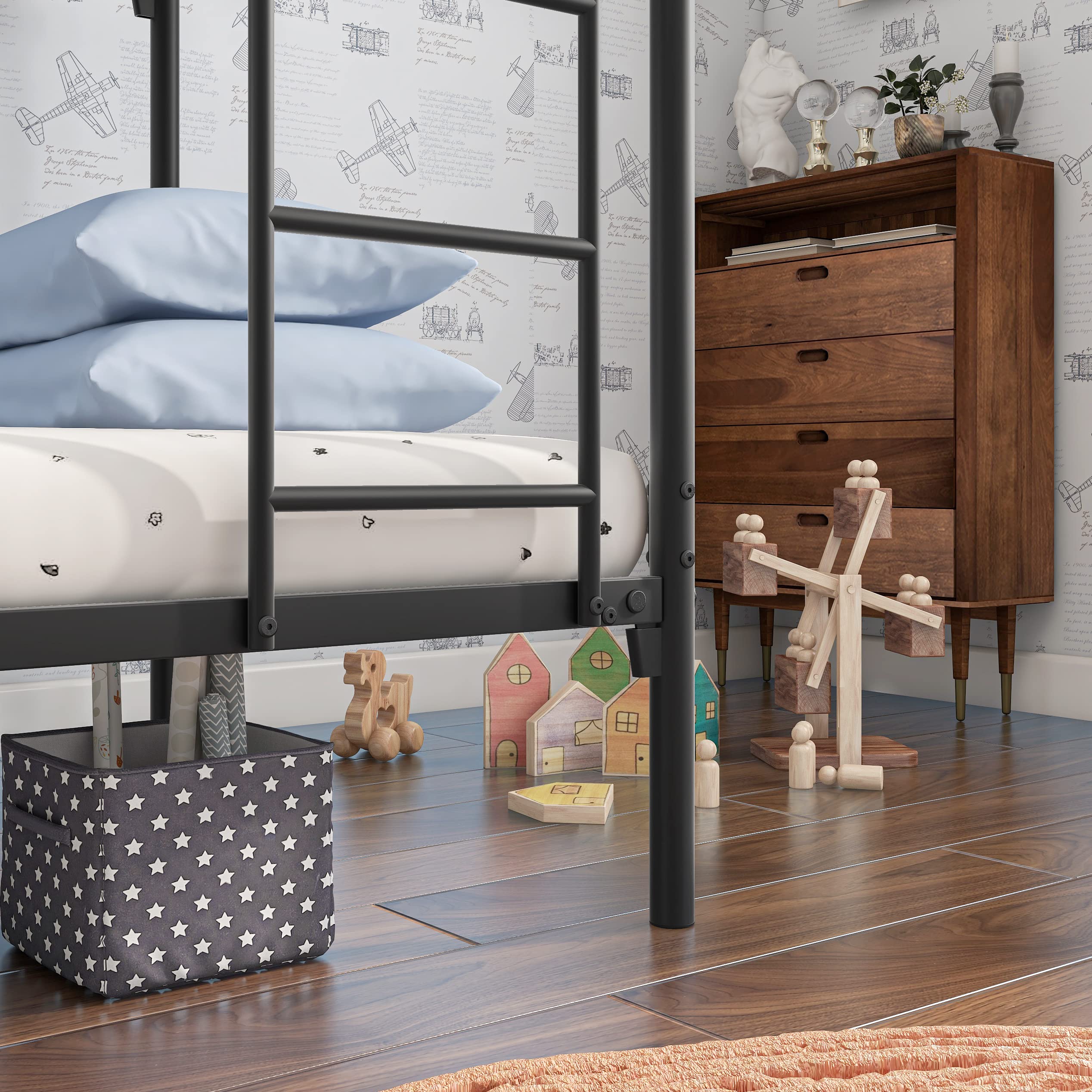 BOFENG Twin Over Twin Metal Bunk Beds with Side Ladders, Heavy Duty Bed Frame with Guardrail for Dormitory Bedroom Boys Girls Adults,No Box Spring Needed,Black