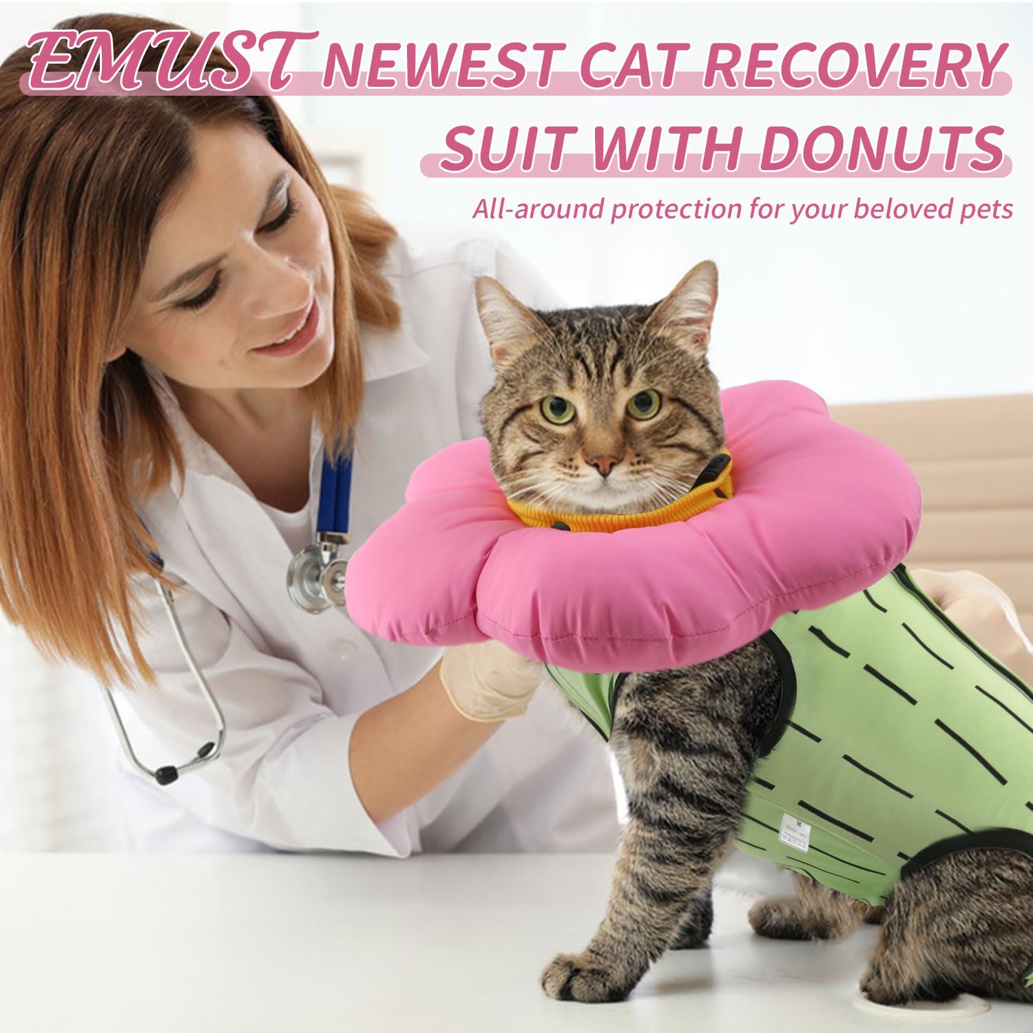 EMUST 2PCS Cat Recovery Suit and Cat Cone Collar Female, Cute Cat Surgical Suit for Abdominal Wounds or Skin Diseases, Adjustable Flower Neck Cat Cone Collar Soft for Cats 4-8lb(Green, M)