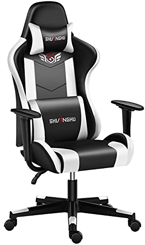 shuanghu Gaming Chair Office Chair Ergonomic PC Computer Chair with Reclining Racing Chair with Headrest and Lumbar Support Gaming Chair for Adults Teens Desk Chair (Black+ White)