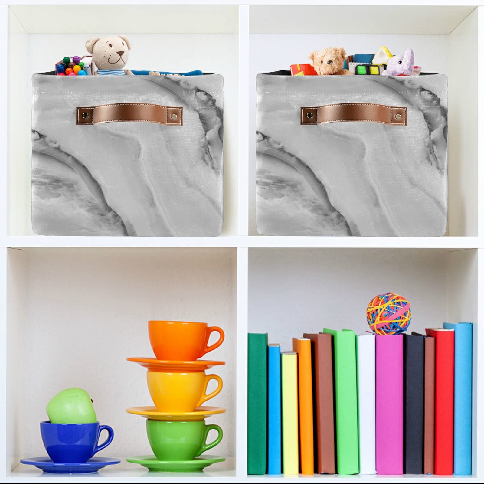 FZDXZJJ Chic Marble Storage Basket Bins, Modern White Gray Decorative Baskets Storage Box Collapsible Storage Cubes Organizer with Handles for Nursery Shelf Closet Office Home Bedroom, 2 Pack
