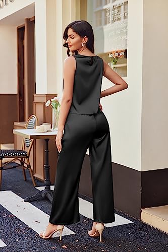 Ekouaer Women's Satin Silk Pajama Cami Sleeveless Lounge Set Soft Pj Set Long Pant Sleep Set Black M
