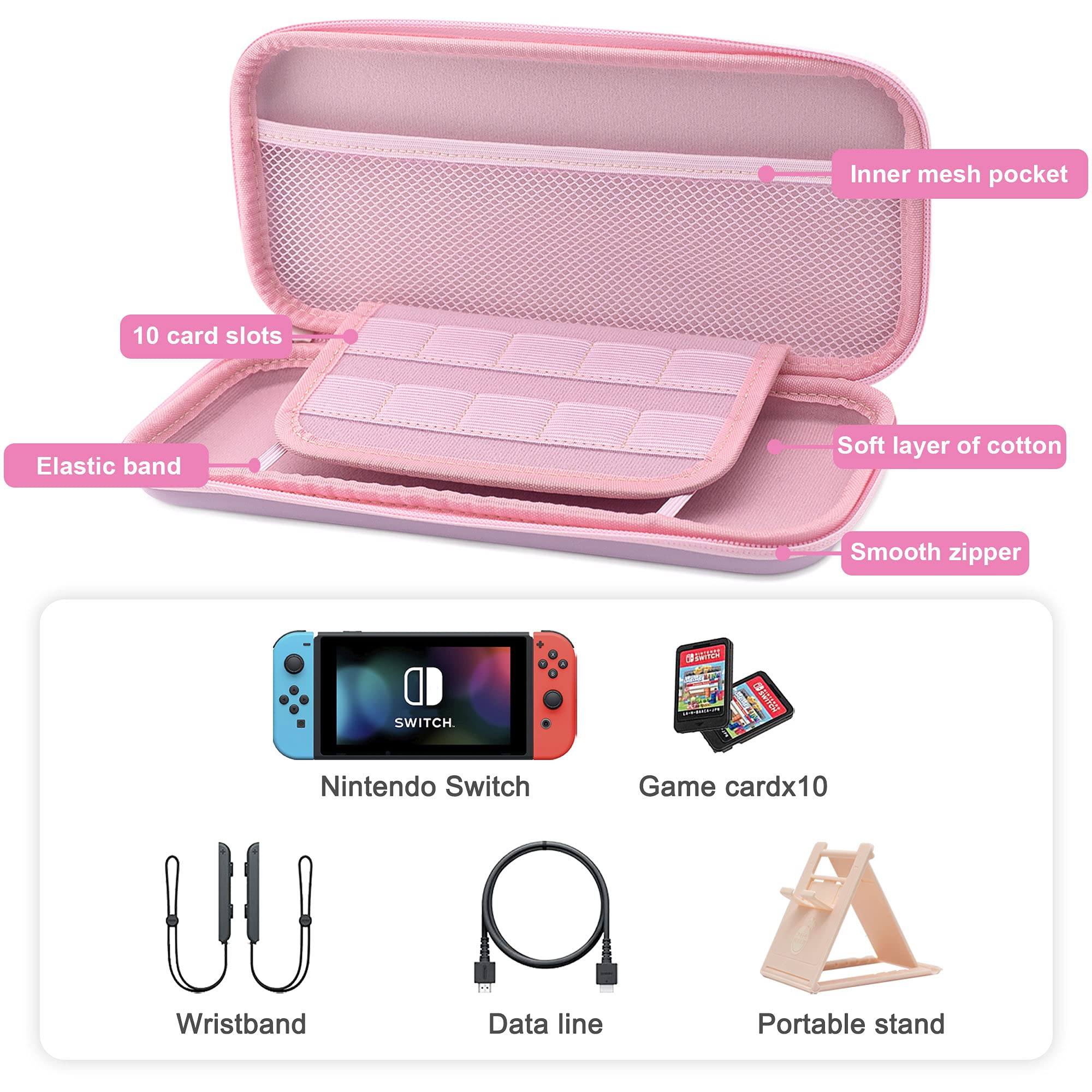 BRHE Cute Cat Paw Switch Carrying Case Pink 【9 IN 1】Portable Hard Shell Bundle Bag Kits with TPU Clear Protective Cover, Glass Screen Protector, Thumb Grip Caps for Nintendo Switch
