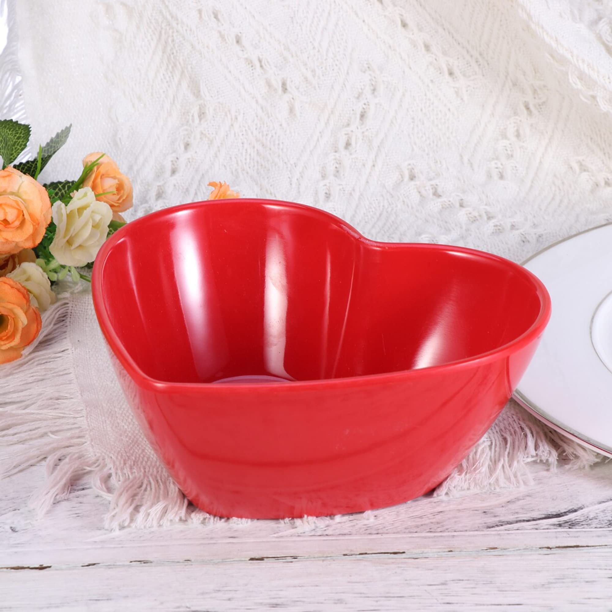 CTMRJ Red Heart Shaped Plastic Bowl for Salad Fruits Dessert Candy Treats Snacks Holder Household Rotating Pot Serving Dish, Multi-Purpose Deep Tableware Bowls for Home Kitchen Cooking Gift