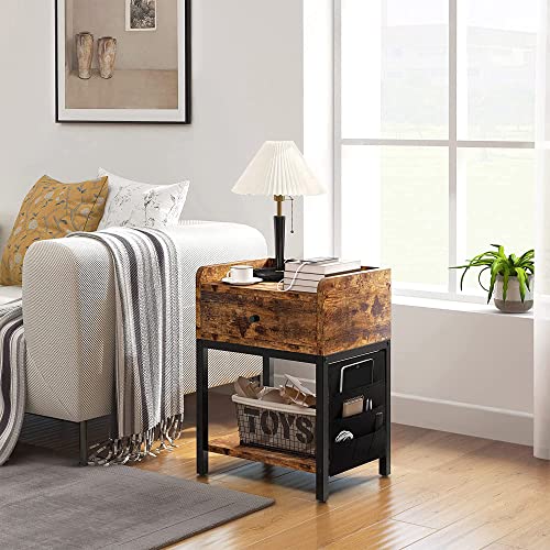 FABATO End Table with Charging Station Nightstands with Drawer and Fabric Bag Storage & USB Ports Narrow Sofa Side Table for Small Spaces with Metal Frame Living Room Bedroom, Rustic Brown