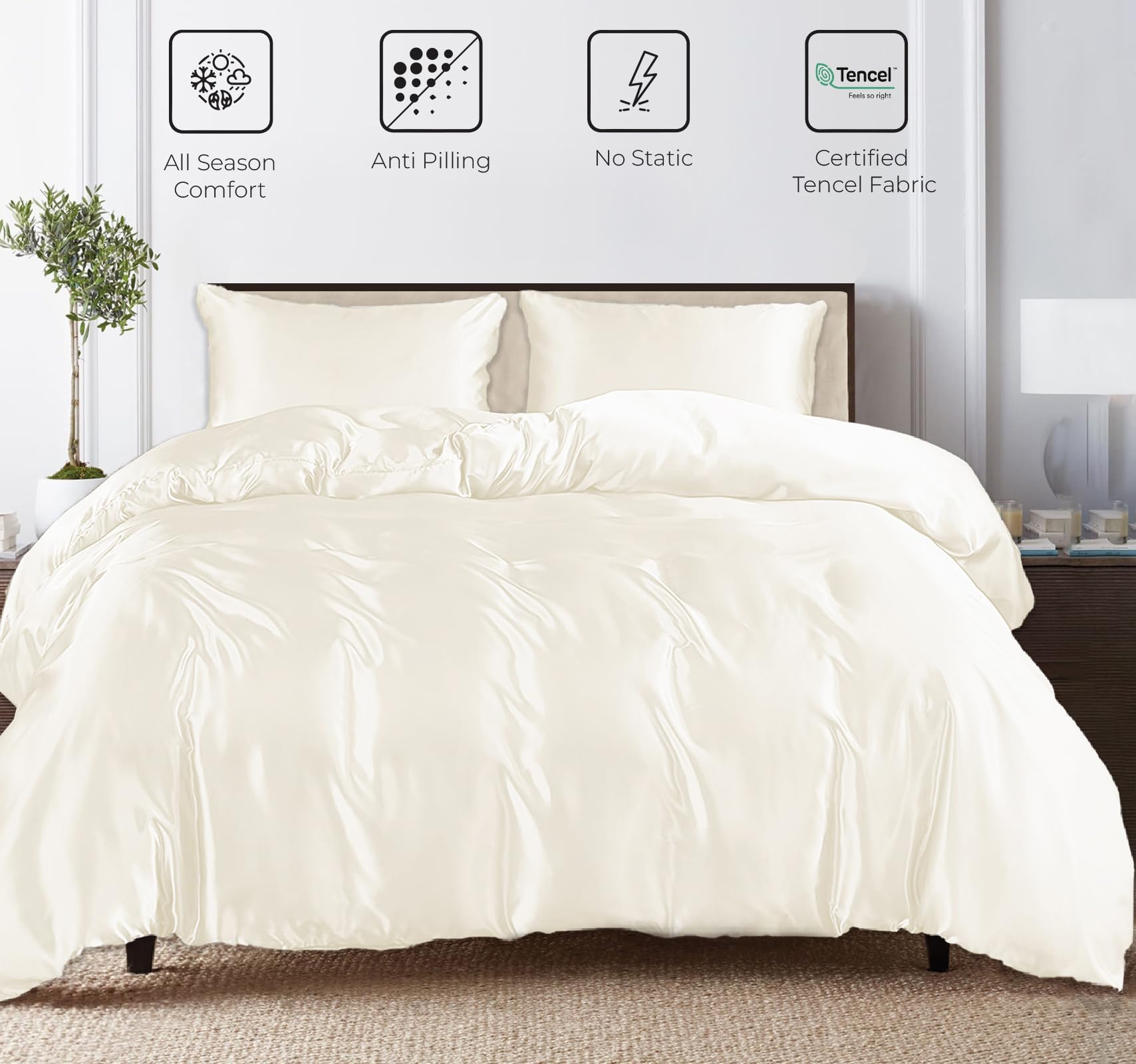 Linenwalas Tencel Lyocell Duvet Cover Set with Deep Pocket Fitted Sheet, Viscose Made from Eucalyptus Soft, Lightweight and Breathable Complete Bedding Set (Ivory, King)