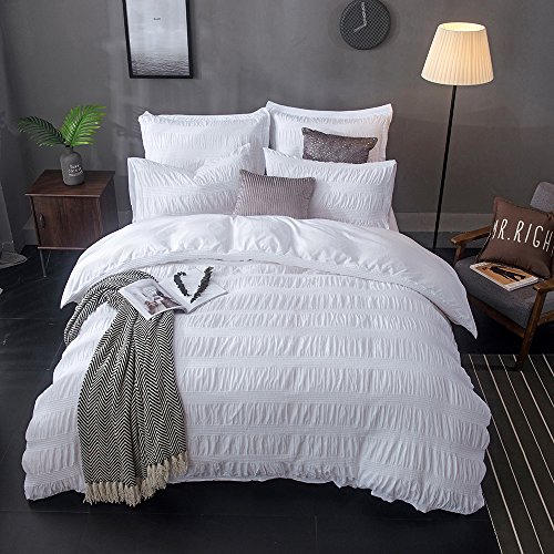 Merryfeel Seersucker Duvet Cover Set Queen,100% Cotton White Textured Striped 3 Piece Duvet Cover & Sham Bedding Set (Queen 90x90)