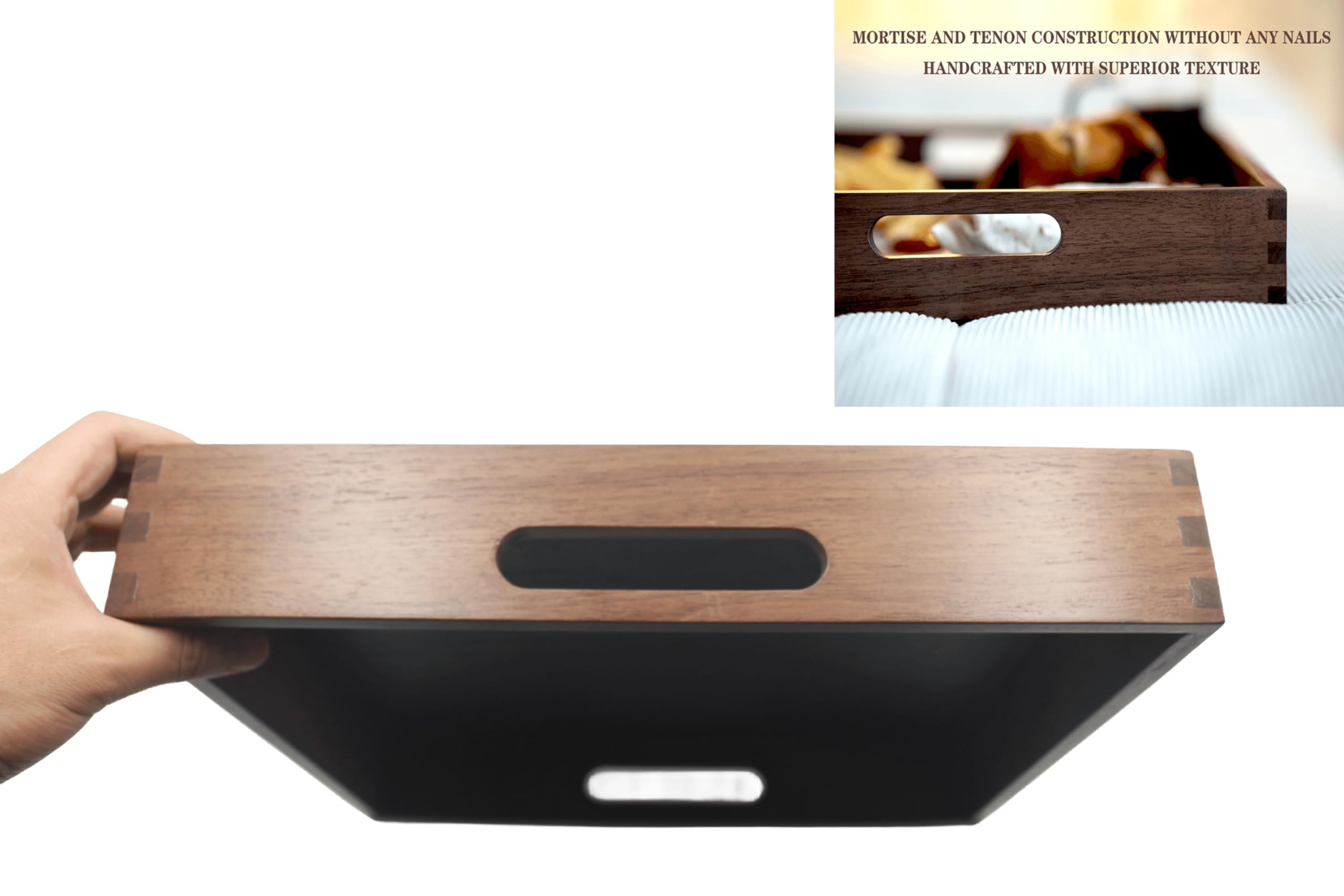 CRAZYWOOD 13.6x13.6 Inches Walnut with Carry Handle Black Ottoman Tray Serve Tea Coffee or Breakfast in Bed Classic Wooden Decorative Serving Tray Decorative Serving Tray