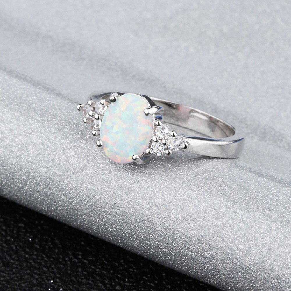 CHATCHAT Exquisite Women's 925 Sterling Silver Ring Oval Cut Fire-Opal Diamond Jewelry Birthday Gift Bridal Party Ring(Silver,SL7)