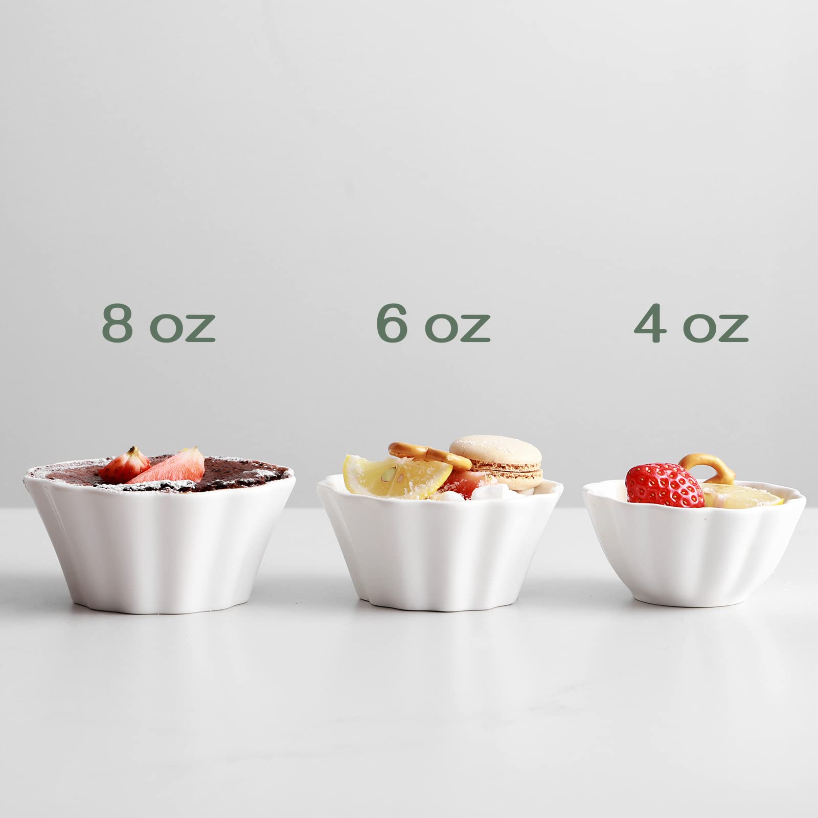 DOWAN Ramekins 4 oz, Creme Brulee Ramekins, Flower-Shaped Porcelain Ramekins Oven Safe for Baking Souffle, Custard Cups, Small Dipping Bowls, Sauces Bowls, Charcuterie Bowls, Set of 6, White