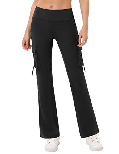 GymSmart Mid Waisted Yoga Cargo Pants for Women Stretch Bootcut Casual Pants Black
