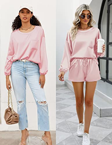 Ekouaer Womens Silk Satin Pajamas Set Long Sleeve Top Summer Soft Two Piece Pjs Silky Sleepwear Light Pink Small