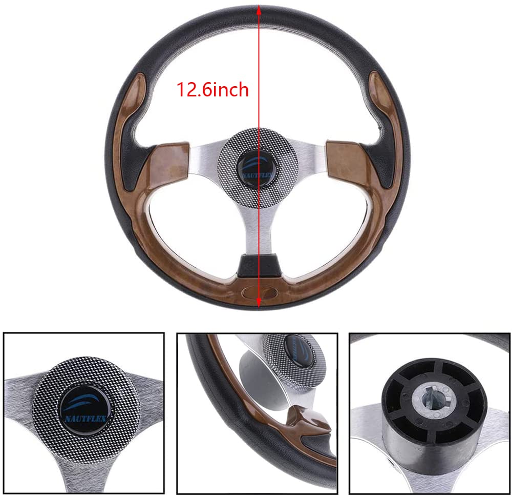 Boat Steering Wheel,12.6 inch 3 Spoke Marine Boat Soft-Grip Steering Wheel fit Standard 3/4" Taper Shaft with two slots