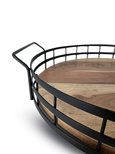 Farmhouse Round Wooden Tray with Black Metal Frame & Acacia Wood Base with Handles. This Round Tray is an Ideal Decorative Tray, Coffee Table, Drinks or Serving Tray by Cube Home