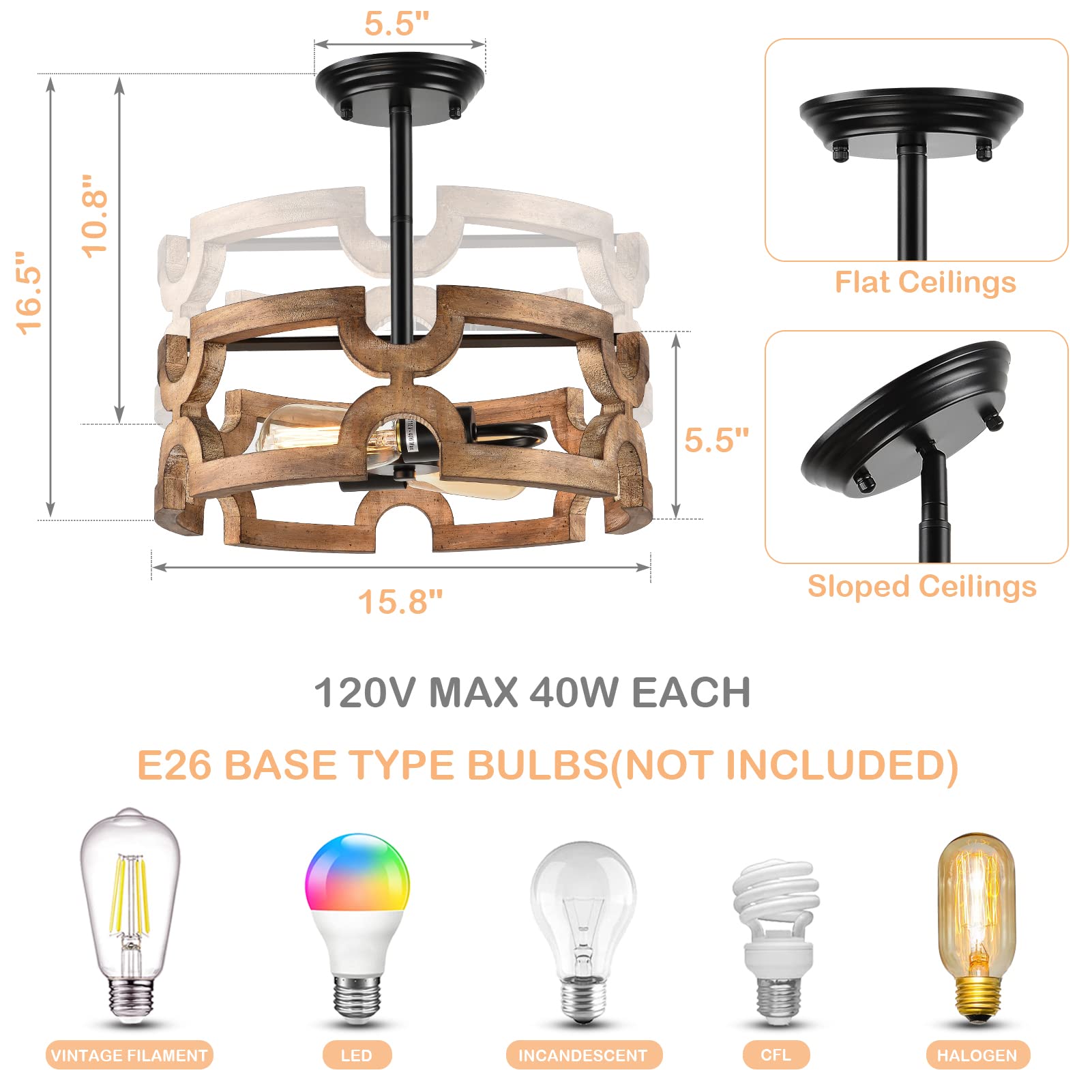 Bribyit Farmhouse Chandelier Light Fixture, Rustic Drum Semi Flush Mount Ceiling Light, 2-Light Wood Pendant Light with Sloped Accessories for Dining Living Room Foyer Kitchen,Height Adjustment