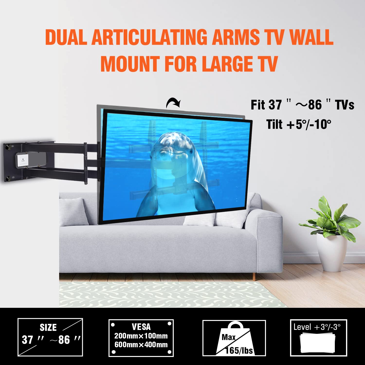 Heavy Duty Long Arm TV Wall Mount,43'' Dual Articulating Arm, Full Motion Swivel Tilt Level,Fits 50-95" TVs,Holds 165 lbs,VESA 800x400mm, Easy Installation,Space Saving