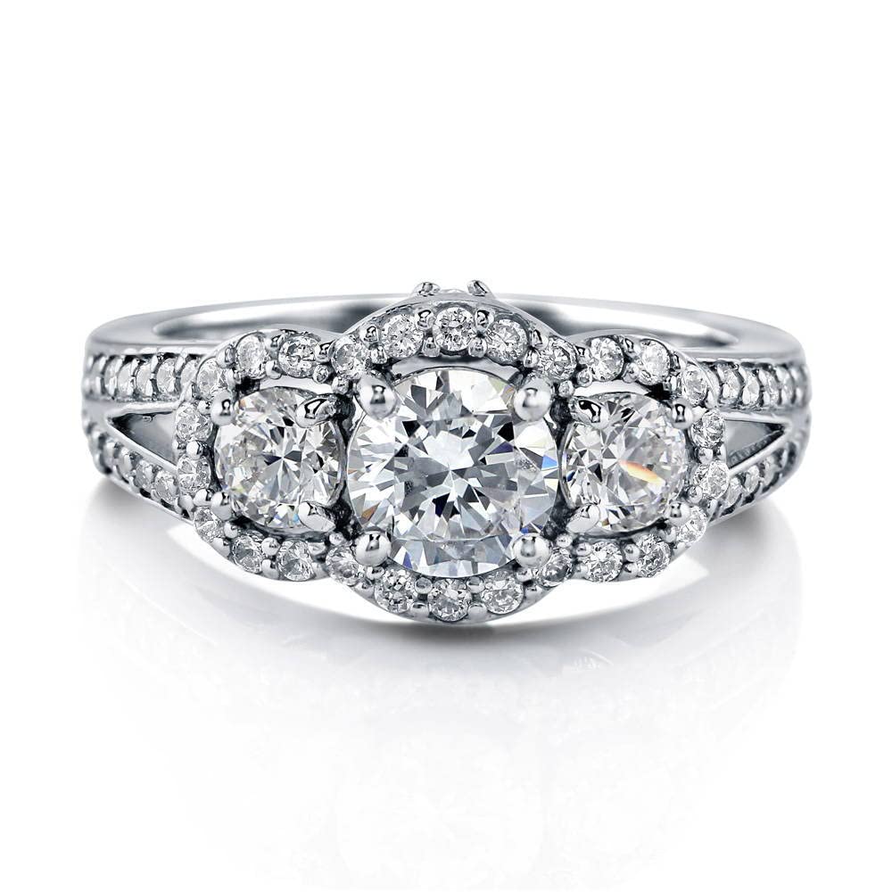 BERRICLE Sterling Silver 3-Stone Wedding Engagement Rings Round Cubic Zirconia CZ Split Shank Ring for Women, Rhodium Plated Size 8