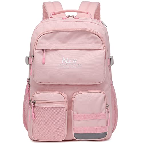 El-fmly Big School Backpack Bookbag for Teen Students, Multi Pockets Water Resistant Casual Daypack with 15.6 inch Laptop pocket for Travel (Pink)