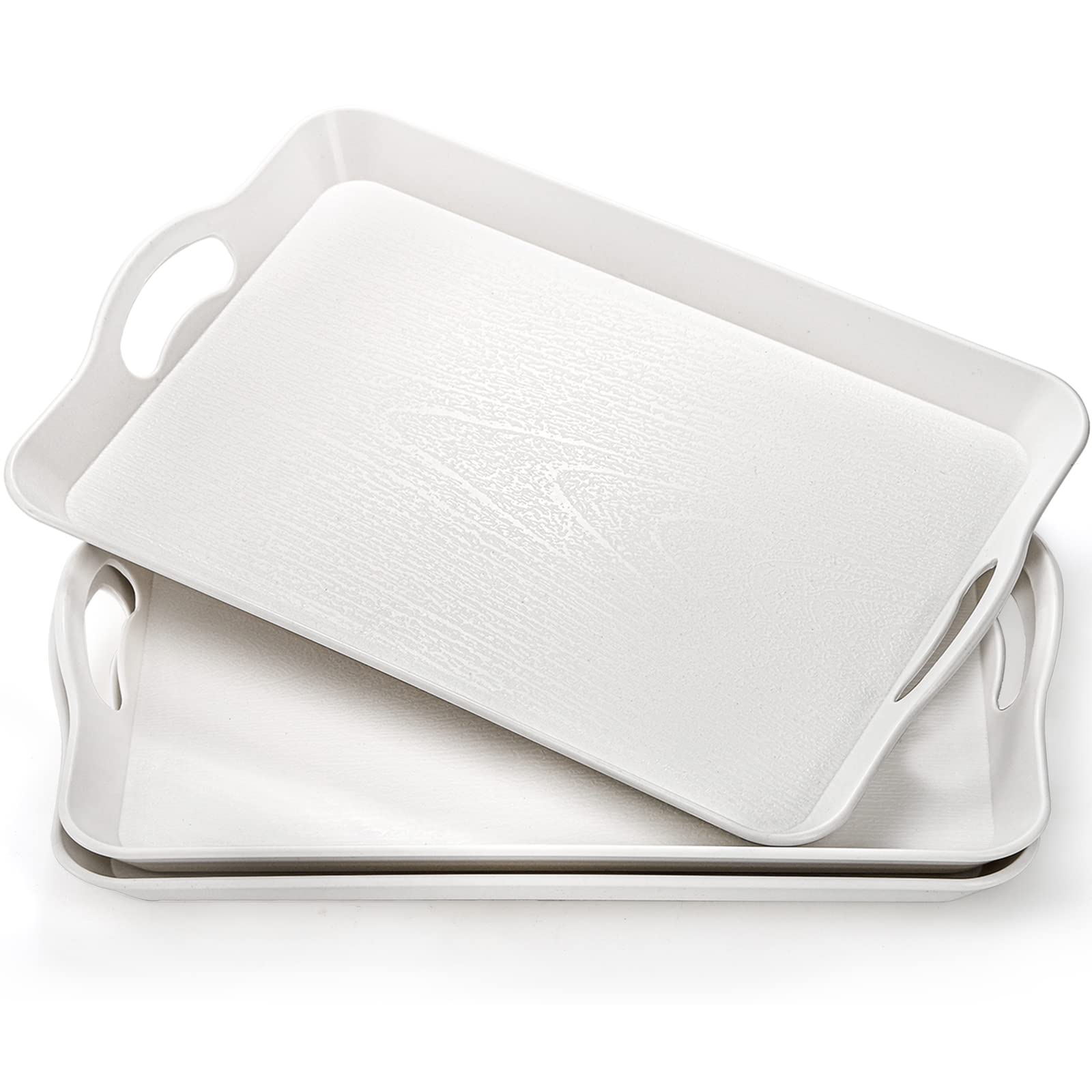 Cedilis 3 Pack Serving Trays with Handles, 16 x 11IN Food Serving Tray, Rectangular Plastic Stackable Tray for Restaurant, Parties, Coffee Table, Kitchen, White