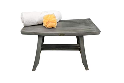 CoastalVogue Teak Wood Satori Shower Bench Teak Shower Stool with Curved Seat 24" Long Wooden Seat Shower Bench in Antique Gray Finish