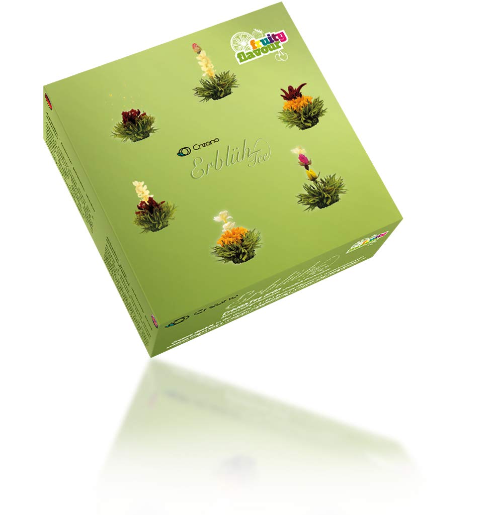 Creano Blooming Tea Gift Set with Glass Teapot 17oz (500ml) - Green Tea Fruity Flavoured Tea Flowers in 6 Varieties - Flowering Tea Gift for Easter