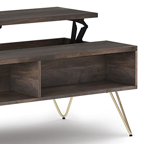 SIMPLIHOME Hunter SOLID MANGO WOOD and Metal 48 Inch Wide Rectangle Industrial Lift Top Coffee Table in Ebony, For the Living Room and Family Room