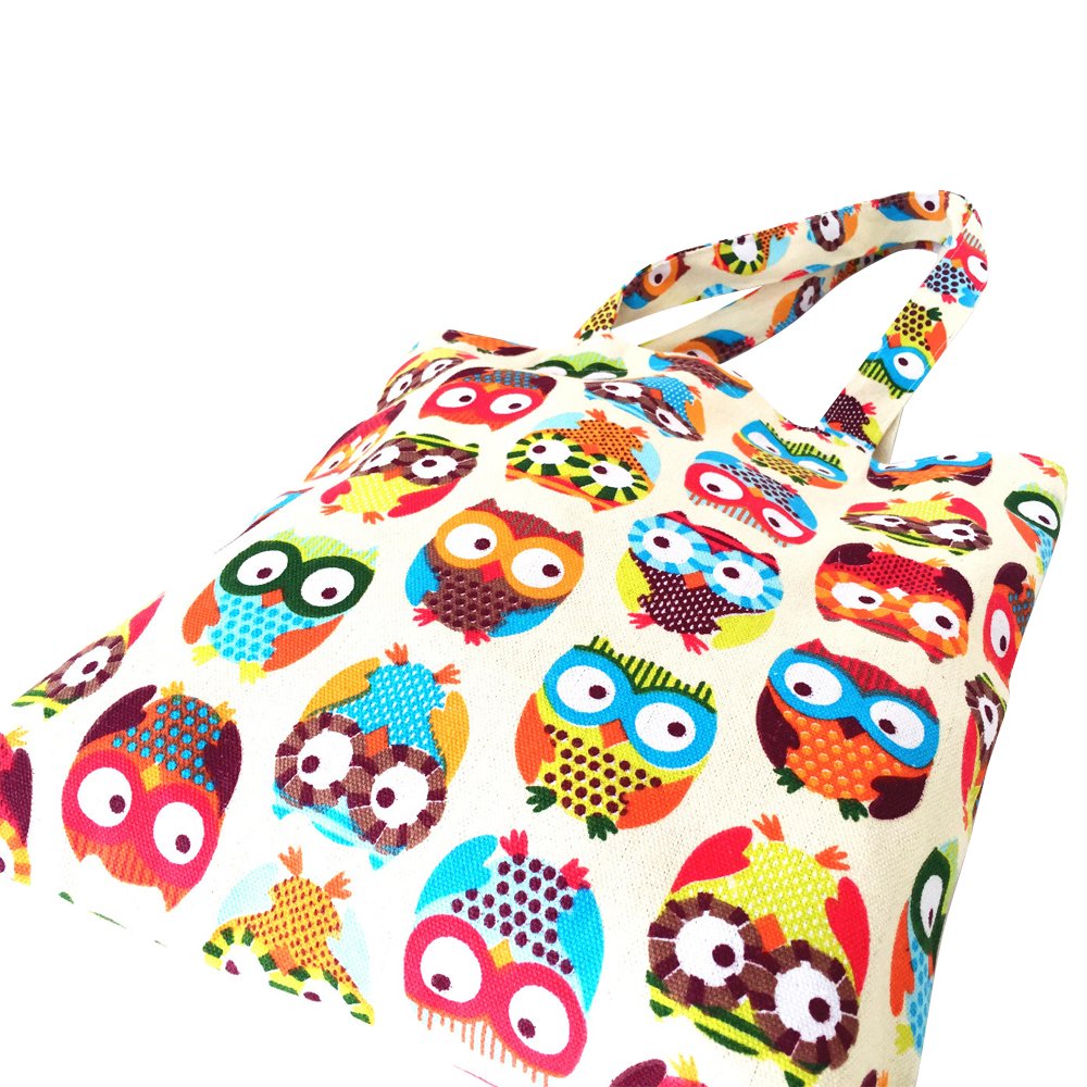 Nuni Women's Cute Owl Print Cotton Canvas Tote Bag, Colorful Owl/ Zip Closure, Medium