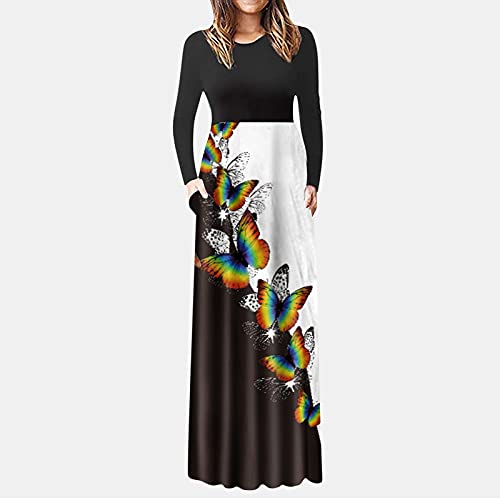 Butterfly Maxi Dress for Women Patterned Pleated Shift Dress Long Sleeve Round Neck Pockets Swing Dress White