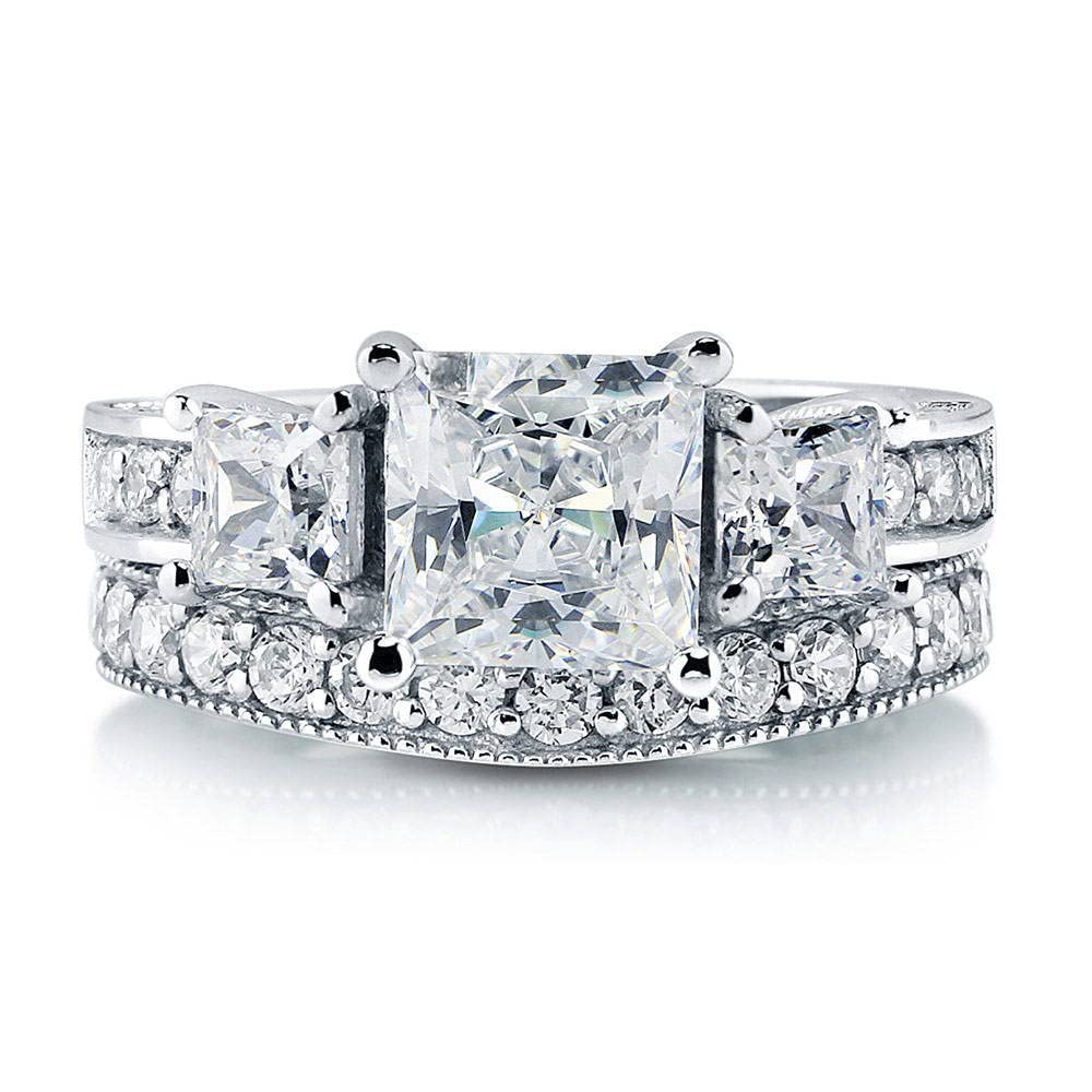 BERRICLE Sterling Silver 3-Stone Wedding Engagement Rings Princess Cut Cubic Zirconia CZ Ring Set for Women, Rhodium Plated Size 10